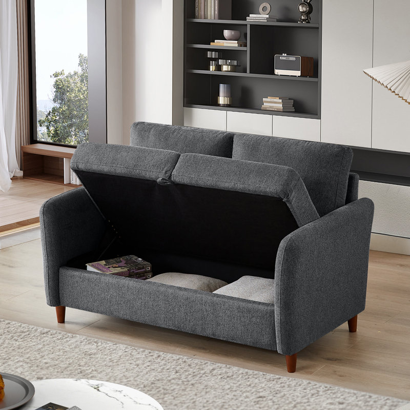 56.5 Linen Loveseat Sofa with Storage Space Square Arm George Oliver Color Dark Gray